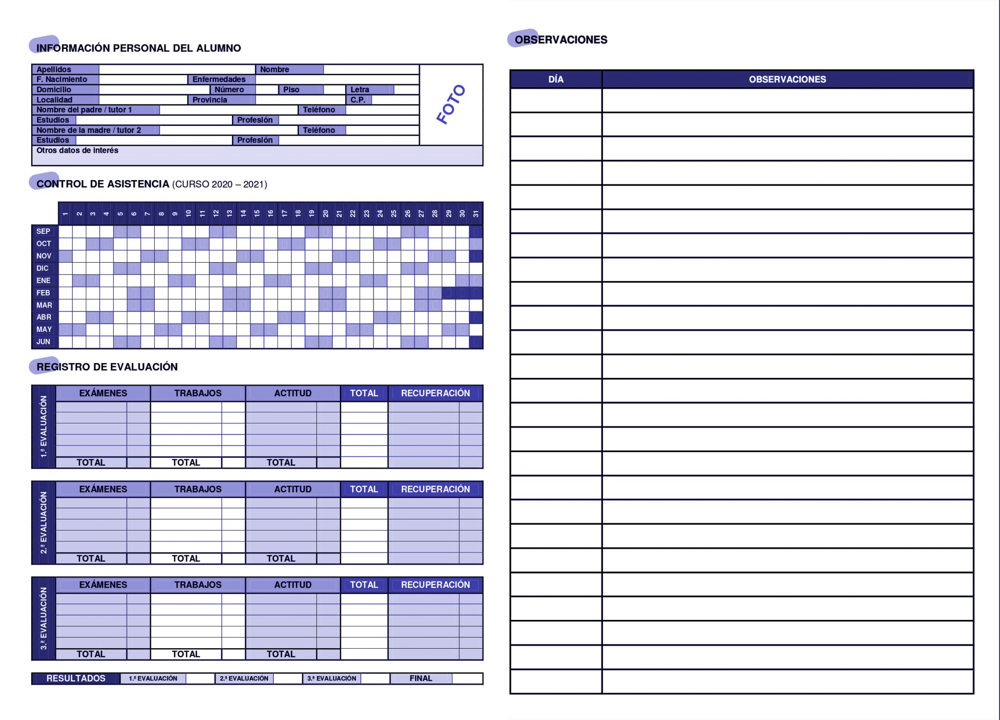 Hojas de Registro editables: información del alumno, control de ...