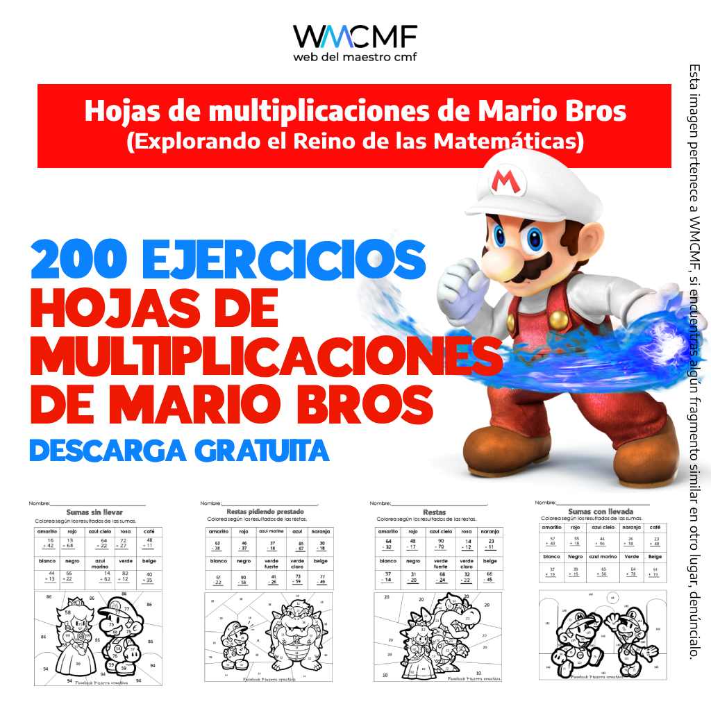 Hojas de multiplicaciones con temática de Mario Bros - 2024